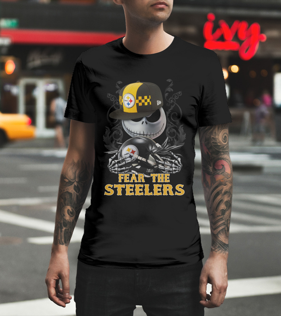 Fear The Steelers Pittsburgh Steelers Skeleton With Hat And Helmet T-Shirt