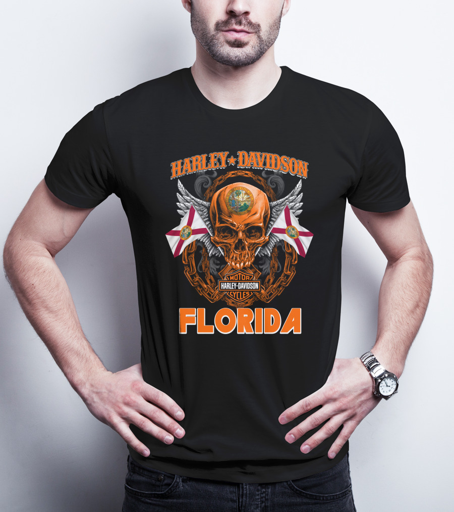 Harley Davidson Florida Skull With Chains And Florida Flags T-Shirt