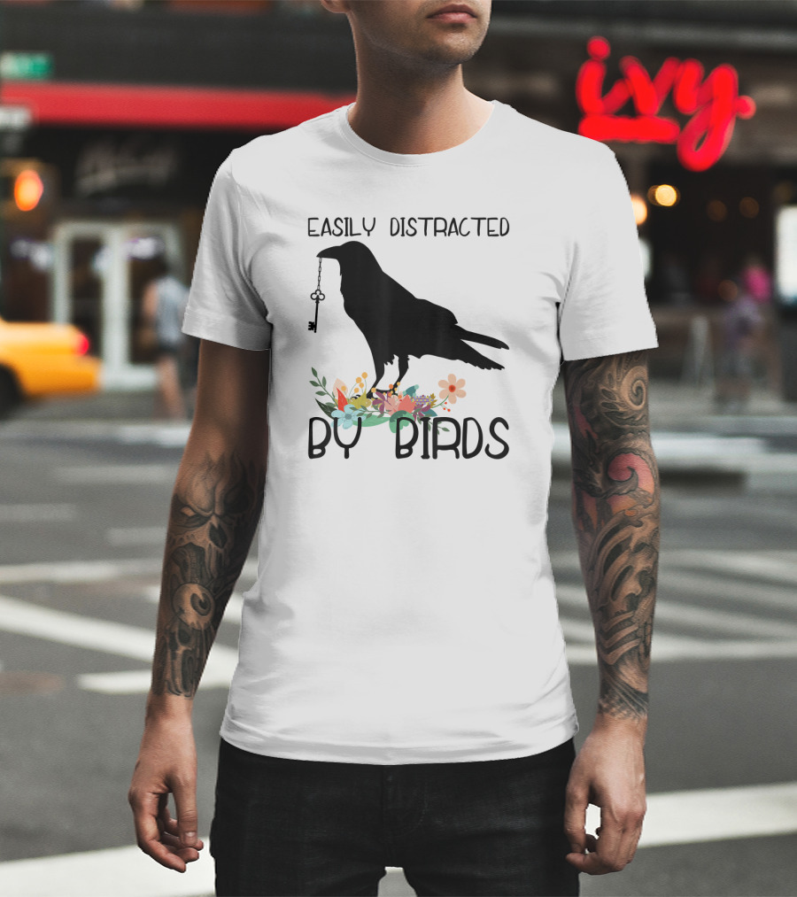 Easily Distracted By Birds Silhouette Of Bird With Key And Floral Elements T-Shirt