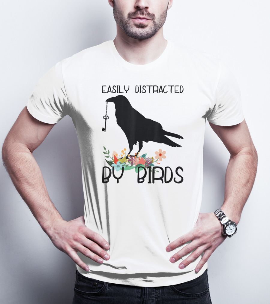 Easily Distracted By Birds Silhouette Of Bird With Key And Floral Elements T-Shirt