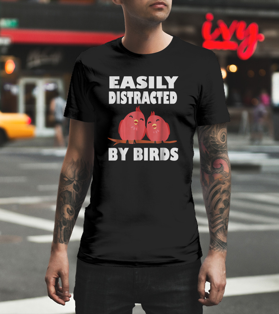 Easily Distracted By Birds Red Cartoon Style Bird Pair T-Shirt