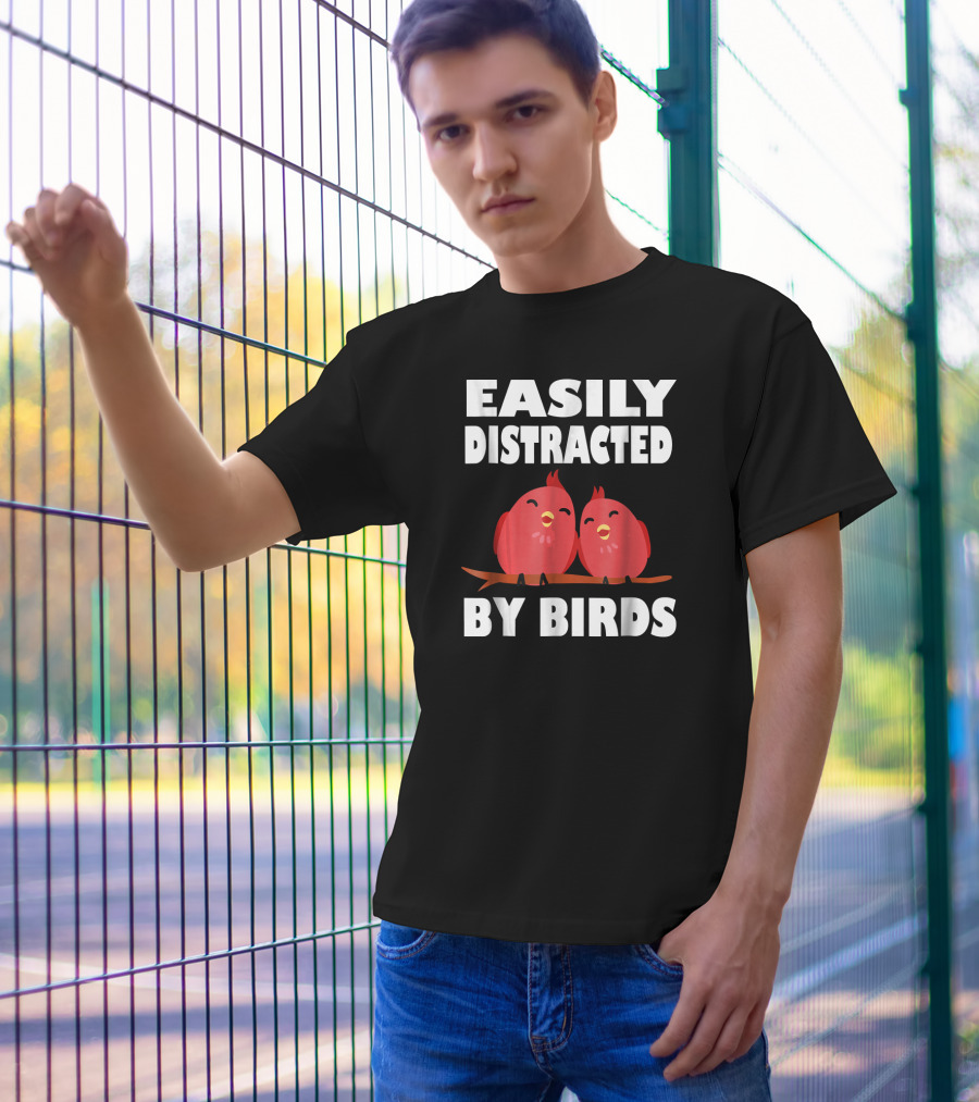 Easily Distracted By Birds Red Cartoon Style Bird Pair T-Shirt