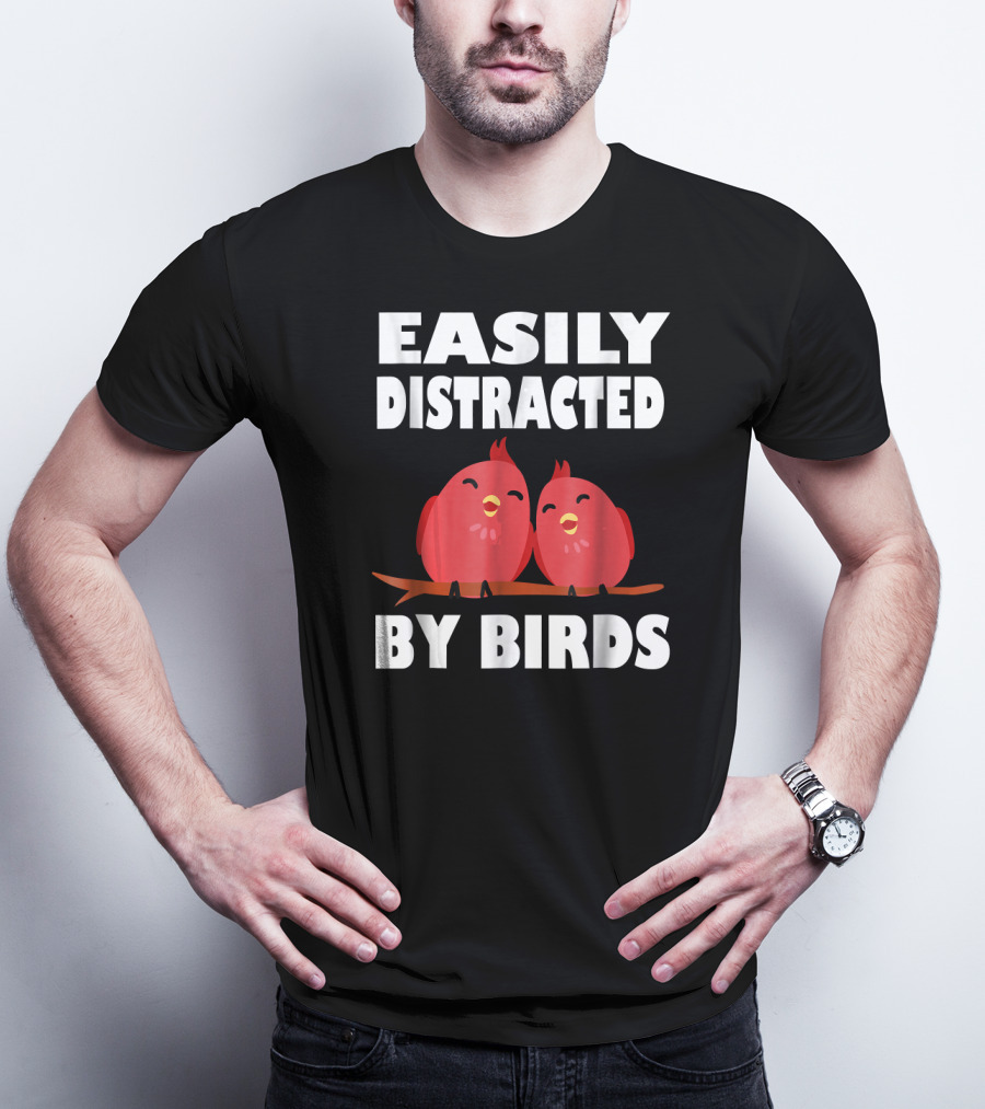 Easily Distracted By Birds Red Cartoon Style Bird Pair T-Shirt