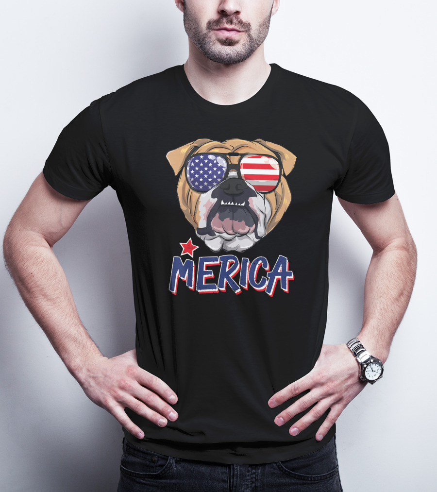 English Bulldog Merica American Flag Sunglasses T-Shirt