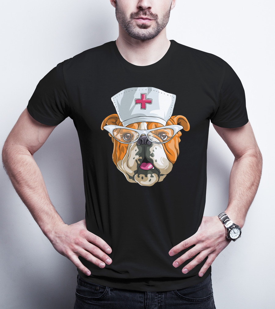 English Bulldog Nurse Hat Glasses Dog T-Shirt