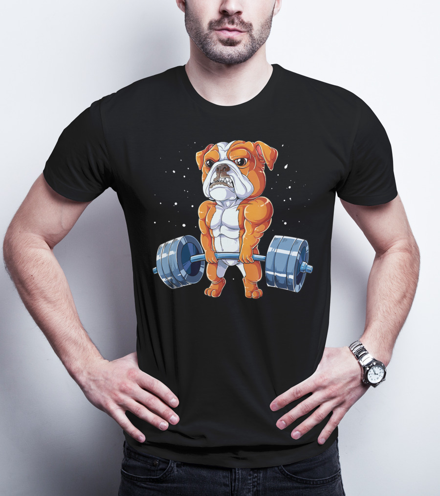English Bulldog Weightlifting Humor Barbell Challenge T-Shirt