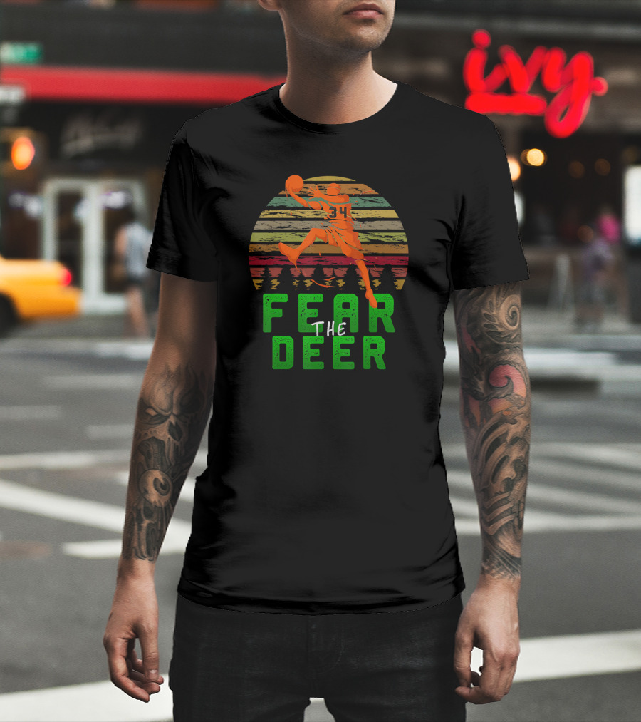 Fear The Deer 34 Milwaukee Basketball Retro Sunset Forest Jumper T-Shirt