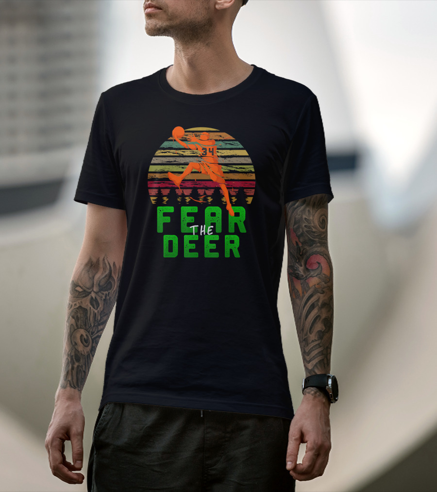 Fear The Deer 34 Milwaukee Basketball Retro Sunset Forest Jumper T-Shirt