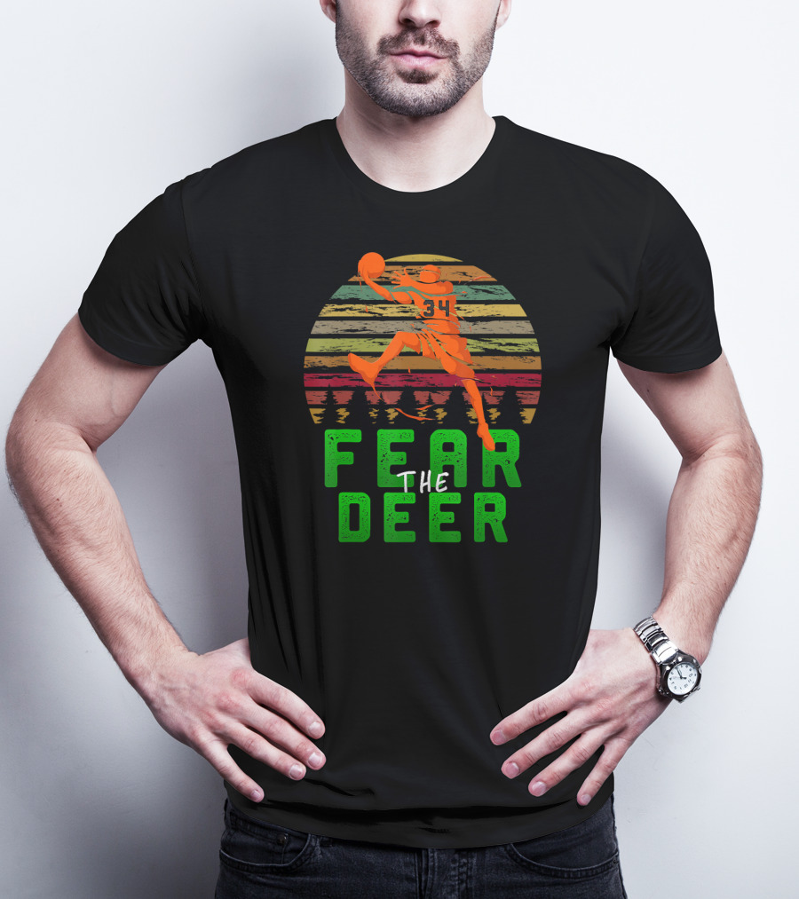 Fear The Deer 34 Milwaukee Basketball Retro Sunset Forest Jumper T-Shirt