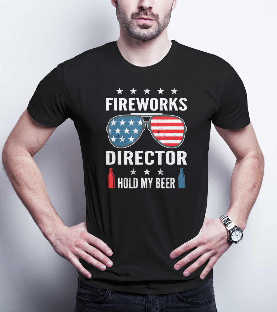 Fireworks Director Hold My Beer American Flag Sunglasses With Stars And Beer Bottles T-Shirt