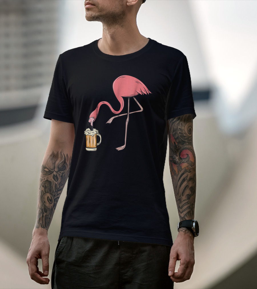Funny Pink Flamingo Drinking Beer Illustrative Humor T-Shirt