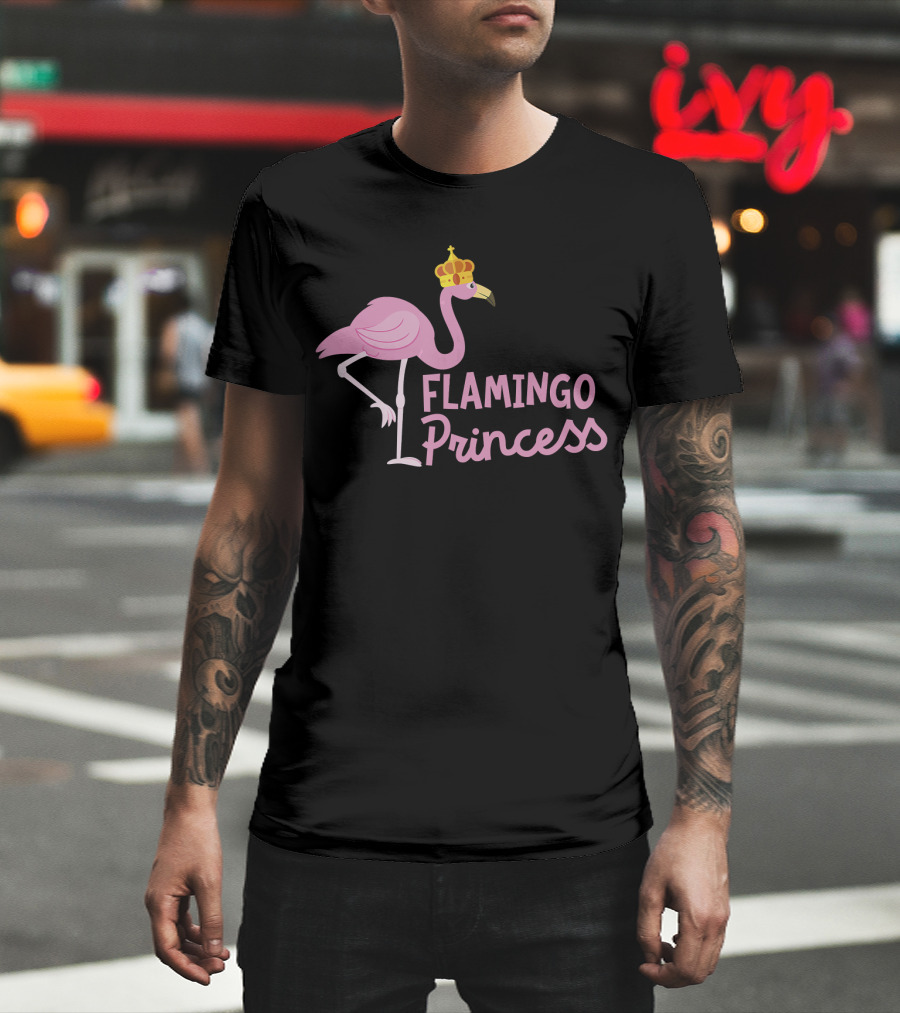 Flamingo Princess With Crown And Pink Bird Wading T-Shirt