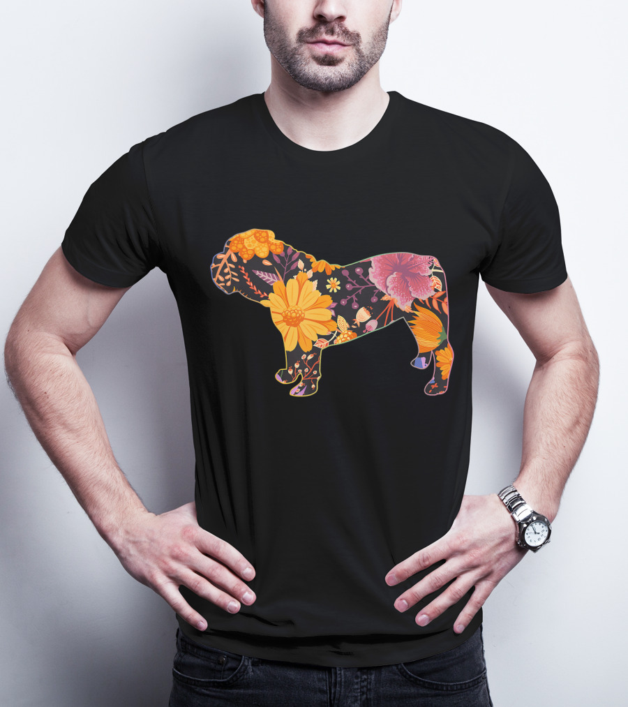 Floral Flower Vintage Bulldog Silhouette With Colorful Botanical T-Shirt