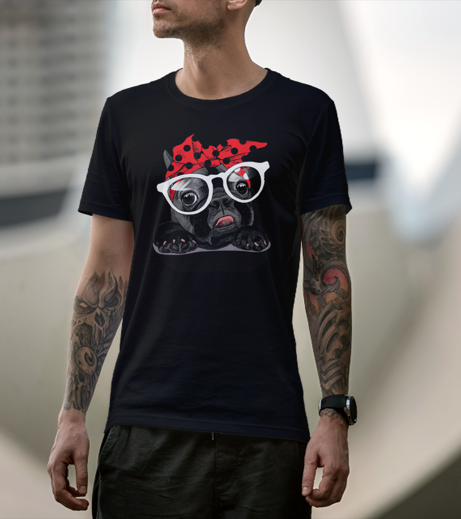 French Bulldog With Polka Dot Headband And Glasses T-Shirt