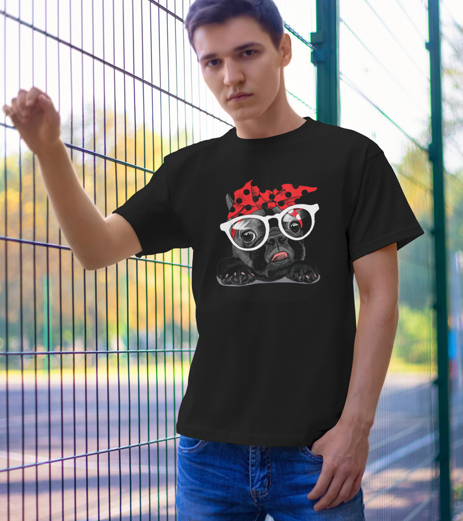 French Bulldog With Polka Dot Headband And Glasses T-Shirt