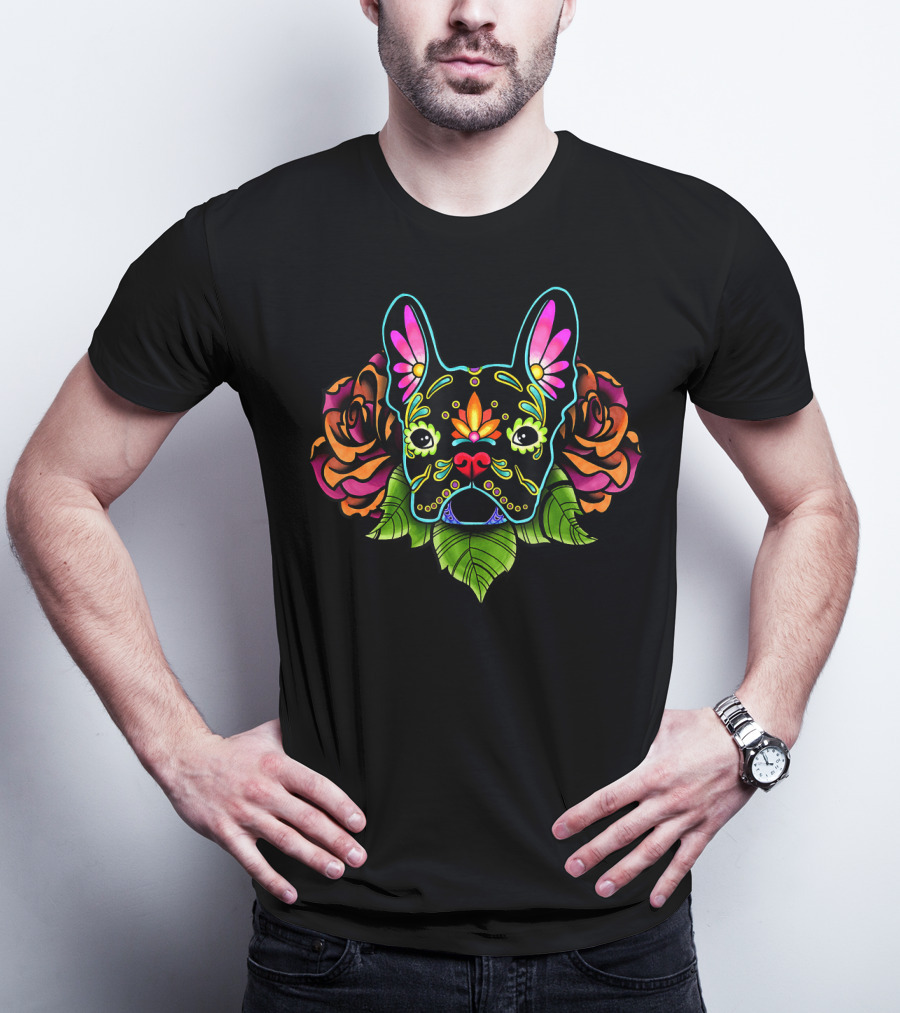 French Bulldog Colorful Day Of The Dead Floral Roses T-Shirt