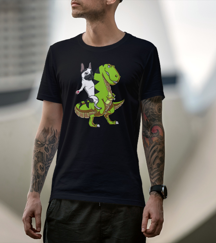 French Bulldog Riding T-Rex Dinosaur Adventure T-Shirt