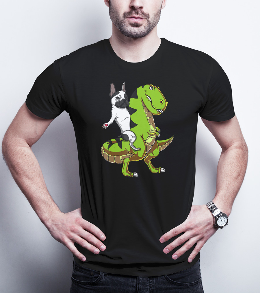 French Bulldog Riding T-Rex Dinosaur Adventure T-Shirt