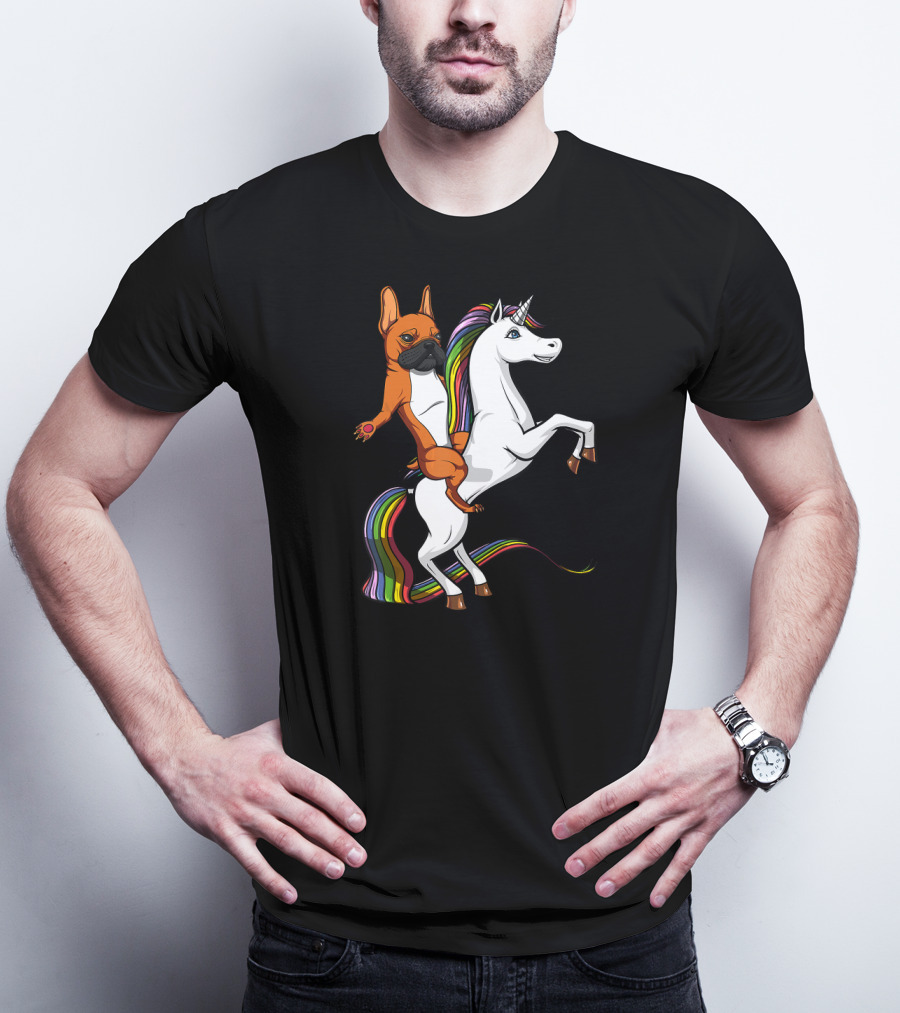 French Bulldog Riding Rainbow Unicorn Funny Dog T-Shirt