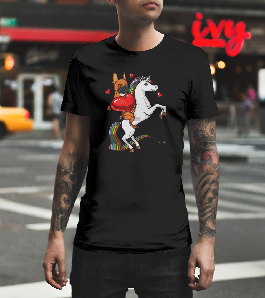 French Bulldog With Heart On Rainbow Unicorn Valentine's T-Shirt