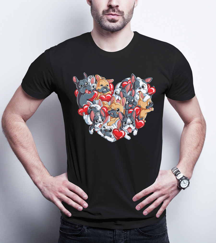 French Bulldog Valentines Day Heart With Cute Puppies And Red Hearts T-Shirt