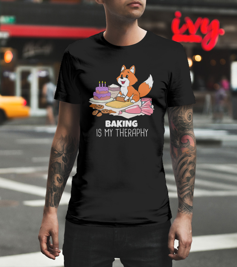 Funny Fox Baking Is My Therapy Doug T-Shirt