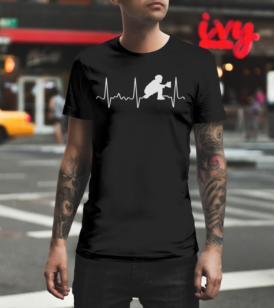Baseball Catcher Silhouette Heartbeat Line T-Shirt