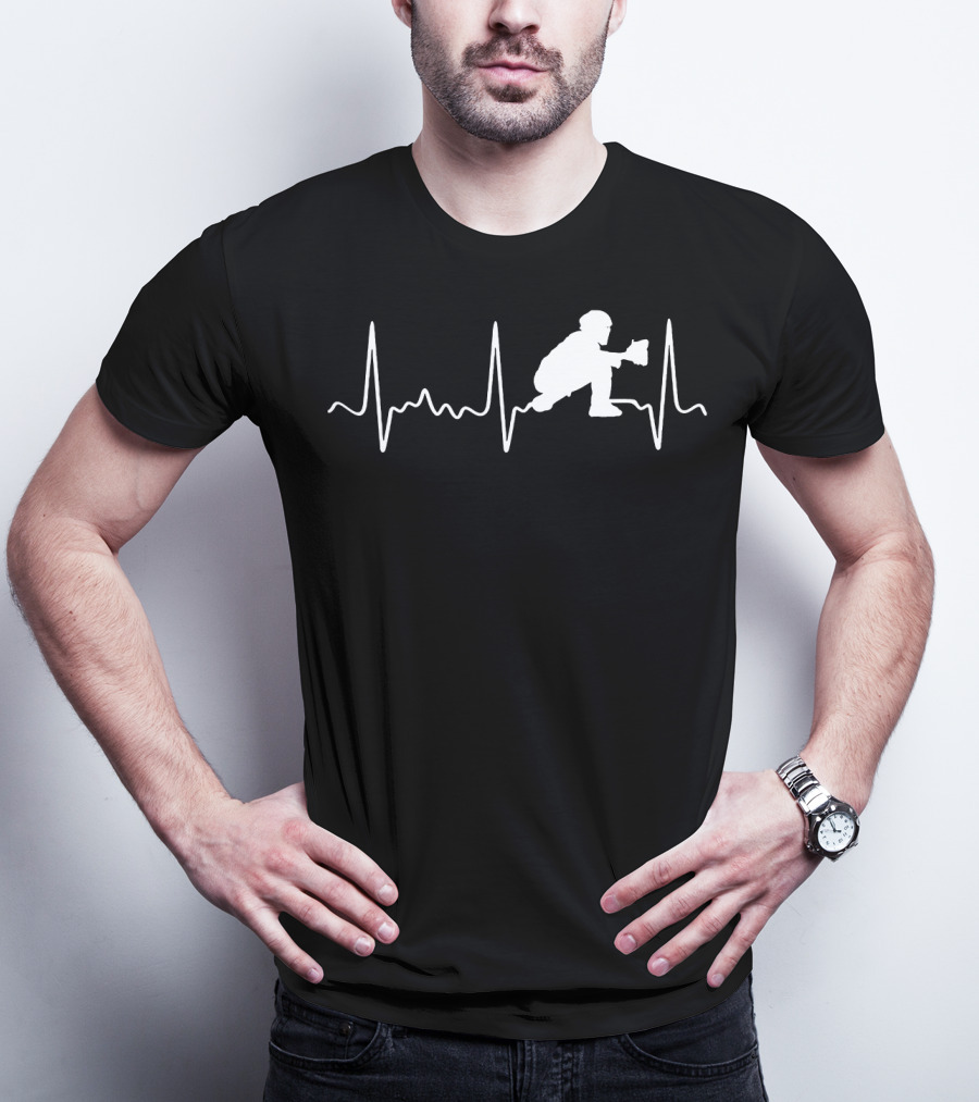 Baseball Catcher Silhouette Heartbeat Line T-Shirt