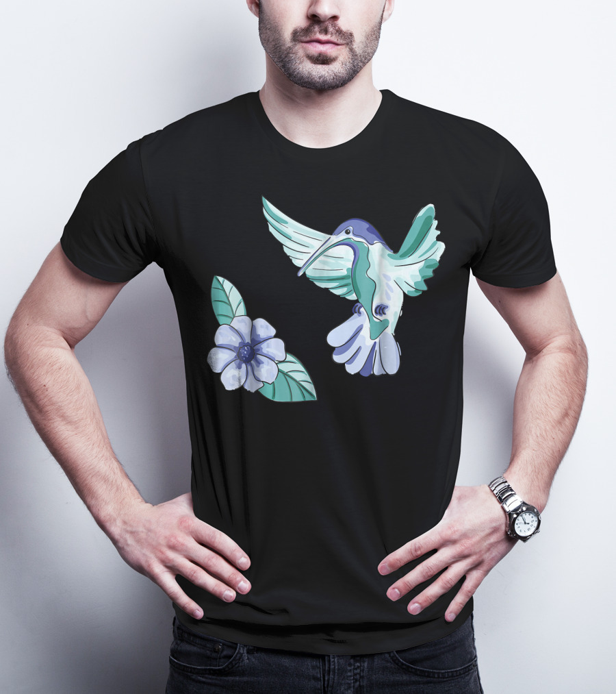 Green And Blue Hummingbird With White And Blue Flower T-Shirt