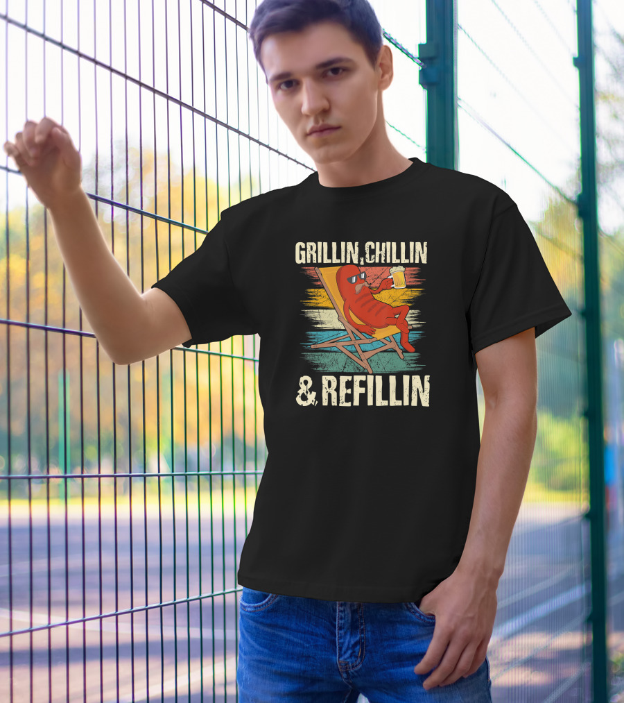 Grillin Chillin And Refillin Grill Master Relaxed Hot Dog With Beer In Lounge Chair T-Shirt
