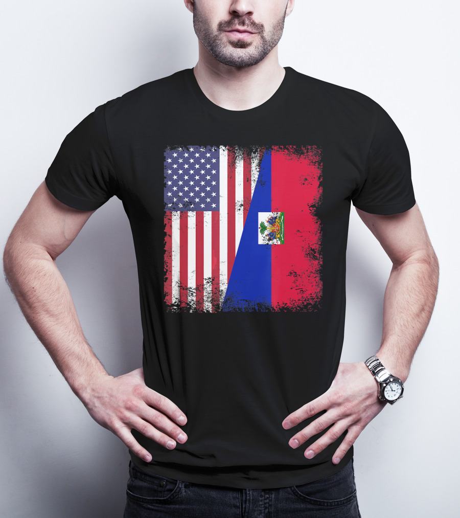 Half Haitian Flag Vintage Haiti U USA Grunge Style Flag Fusion T-Shirt