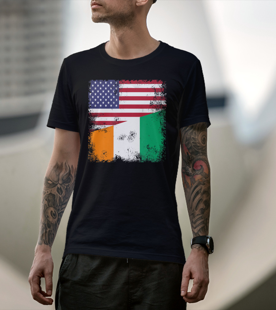 Half Ivorian Flag Vintage Cote D'I With Distressed USA Flag T-Shirt