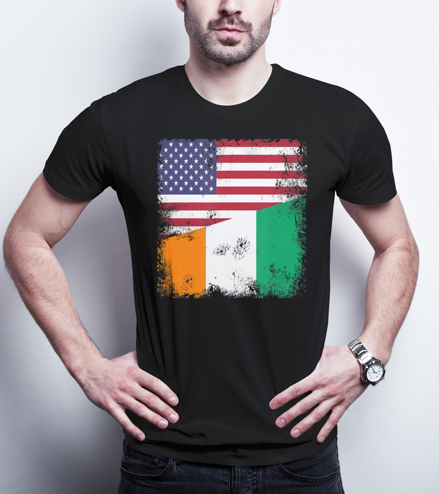 Half Ivorian Flag Vintage Cote D'I With Distressed USA Flag T-Shirt
