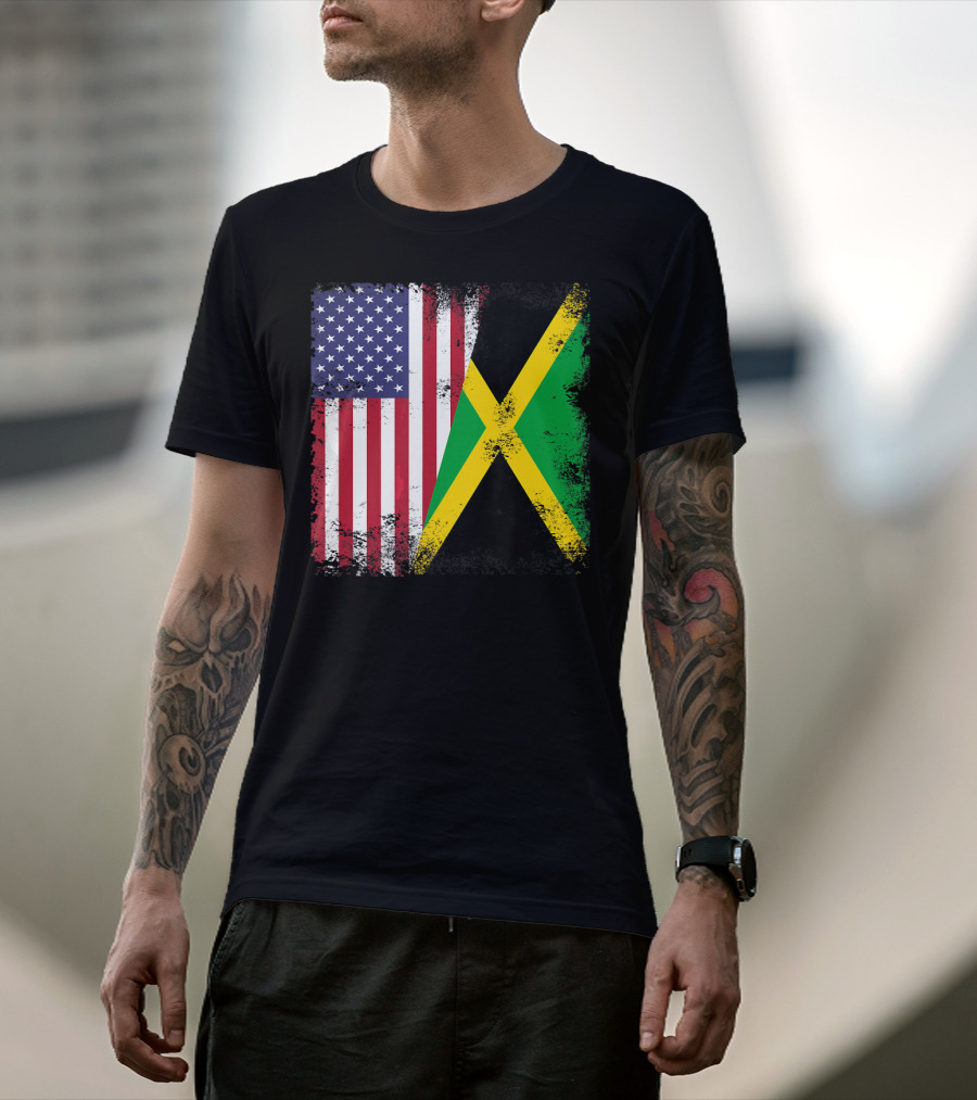 Half Jamaican Flag Vintage Jamaica U.S.A. Flag Overlay T-Shirt