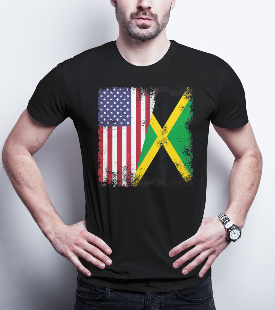 Half Jamaican Flag Vintage Jamaica U.S.A. Flag Overlay T-Shirt