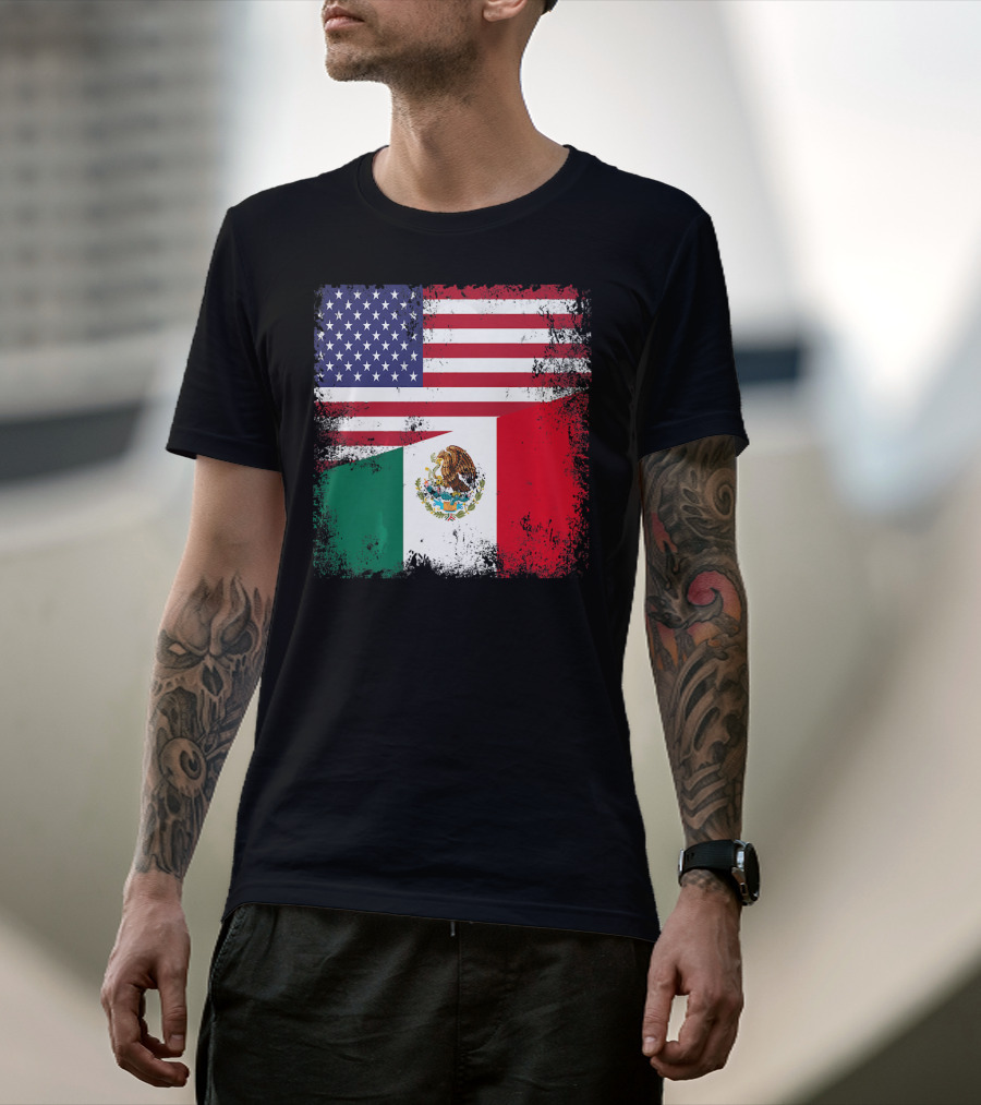 Half Mexican Flag Vintage Mexico U.S. American Flag Dual Heritage T-Shirt