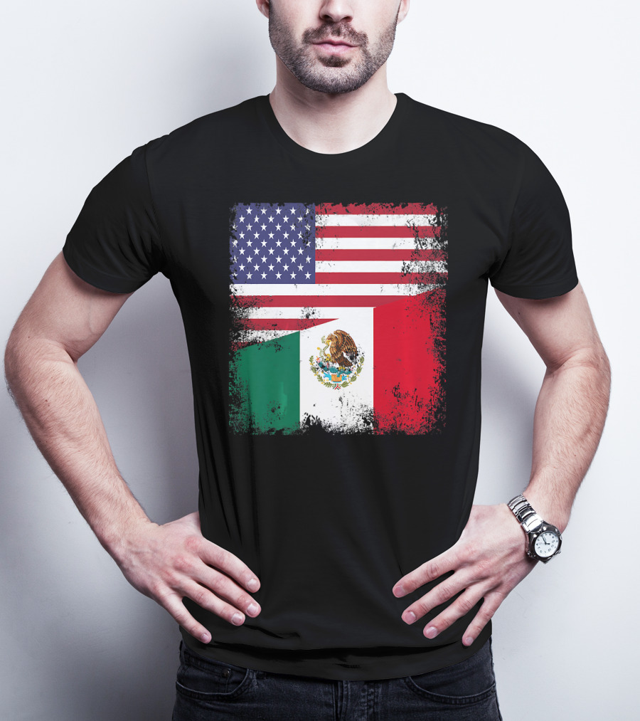 Half Mexican Flag Vintage Mexico U.S. American Flag Dual Heritage T-Shirt