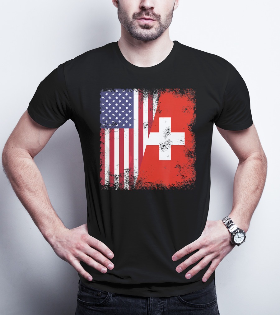 Half Swiss Flag Vintage American Swiss Flag T-Shirt