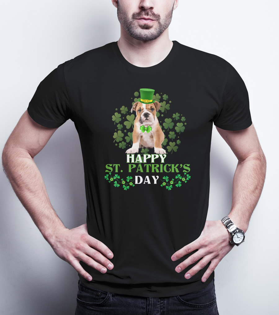 Happy St Patrick's Day Leprechaun Bulldog Green Hat Shamrock T-Shirt