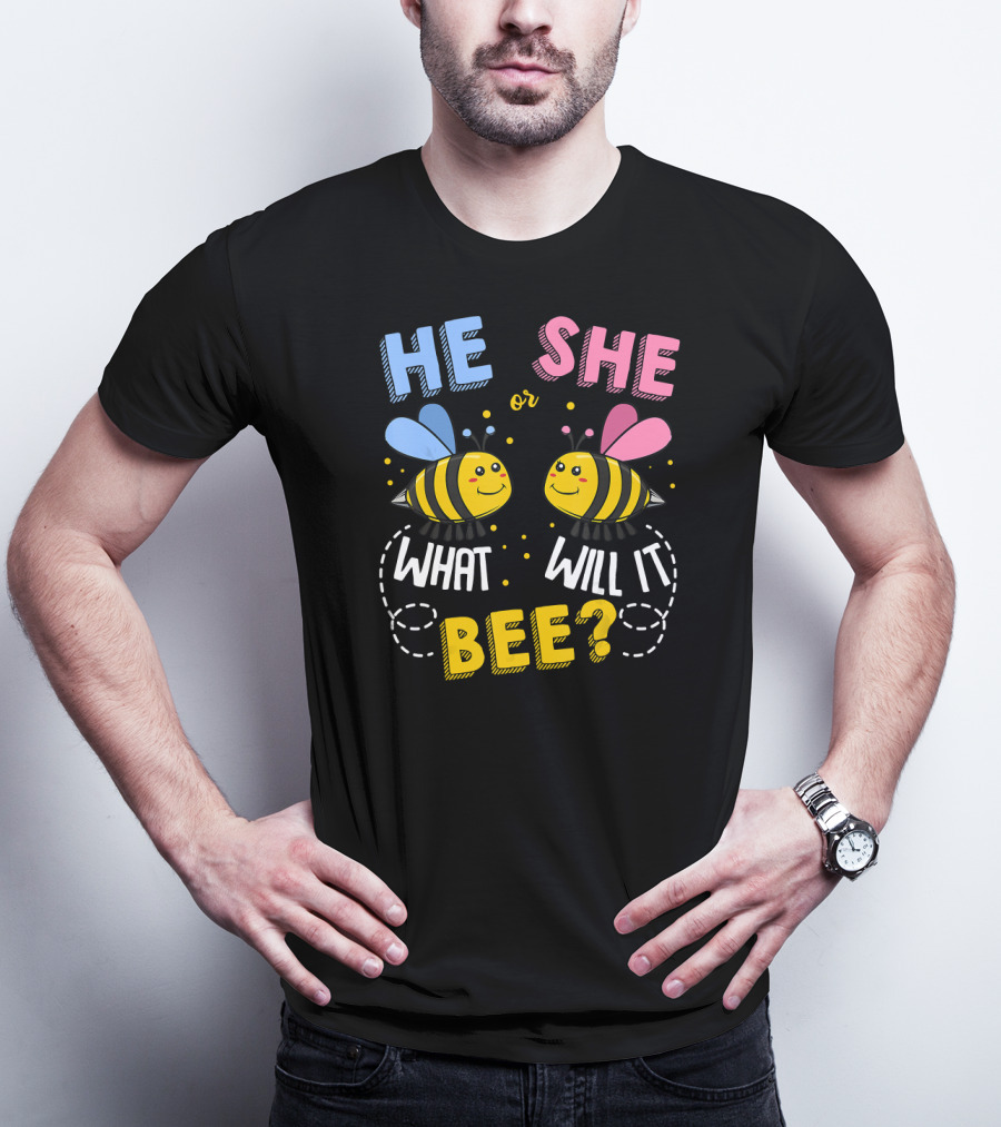 He She Or What Will It Bee Baby Party Gender Reveal Bees Blue And Pink T-Shirt