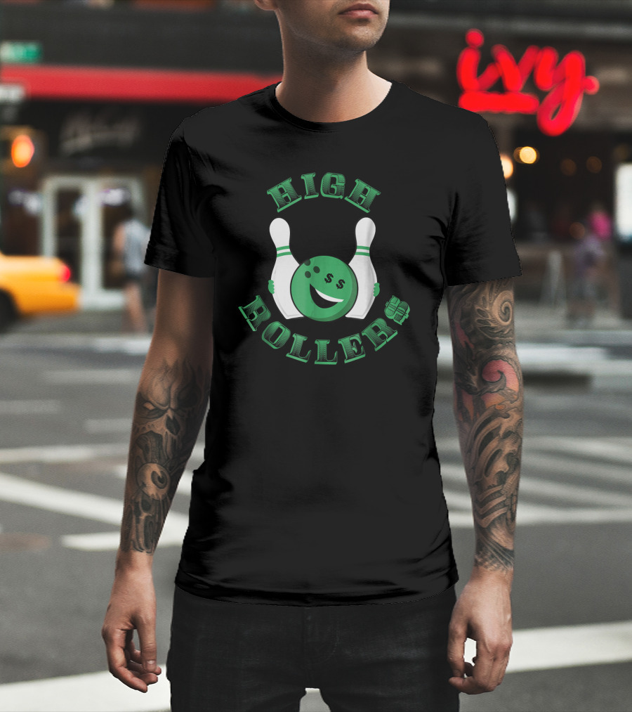 High Rollers Bowling Smiley Face With Dollar Signs And Pins T-Shirt