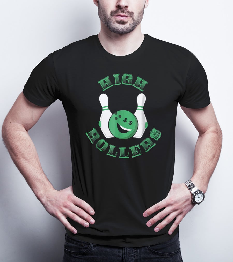 High Rollers Bowling Smiley Face With Dollar Signs And Pins T-Shirt