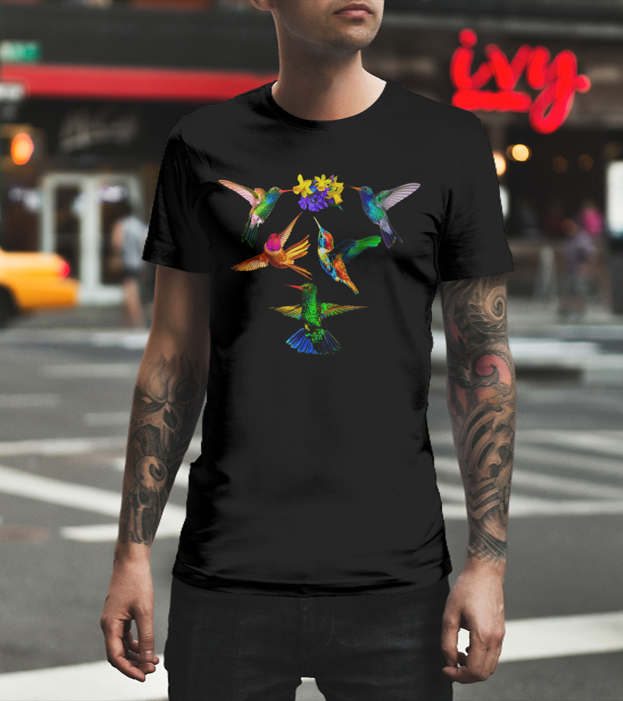 Hummingbird Lovers Colorful Birds With Flowers T-Shirt