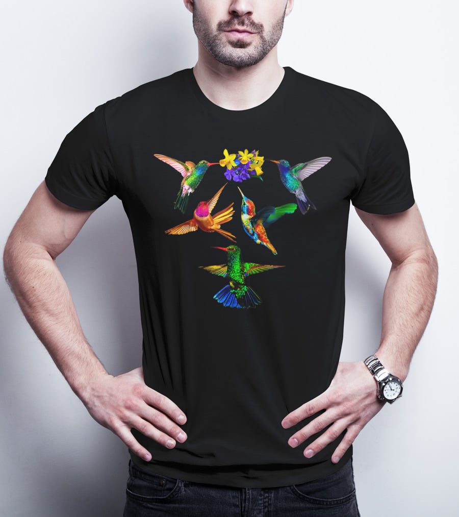 Hummingbird Lovers Colorful Birds With Flowers T-Shirt
