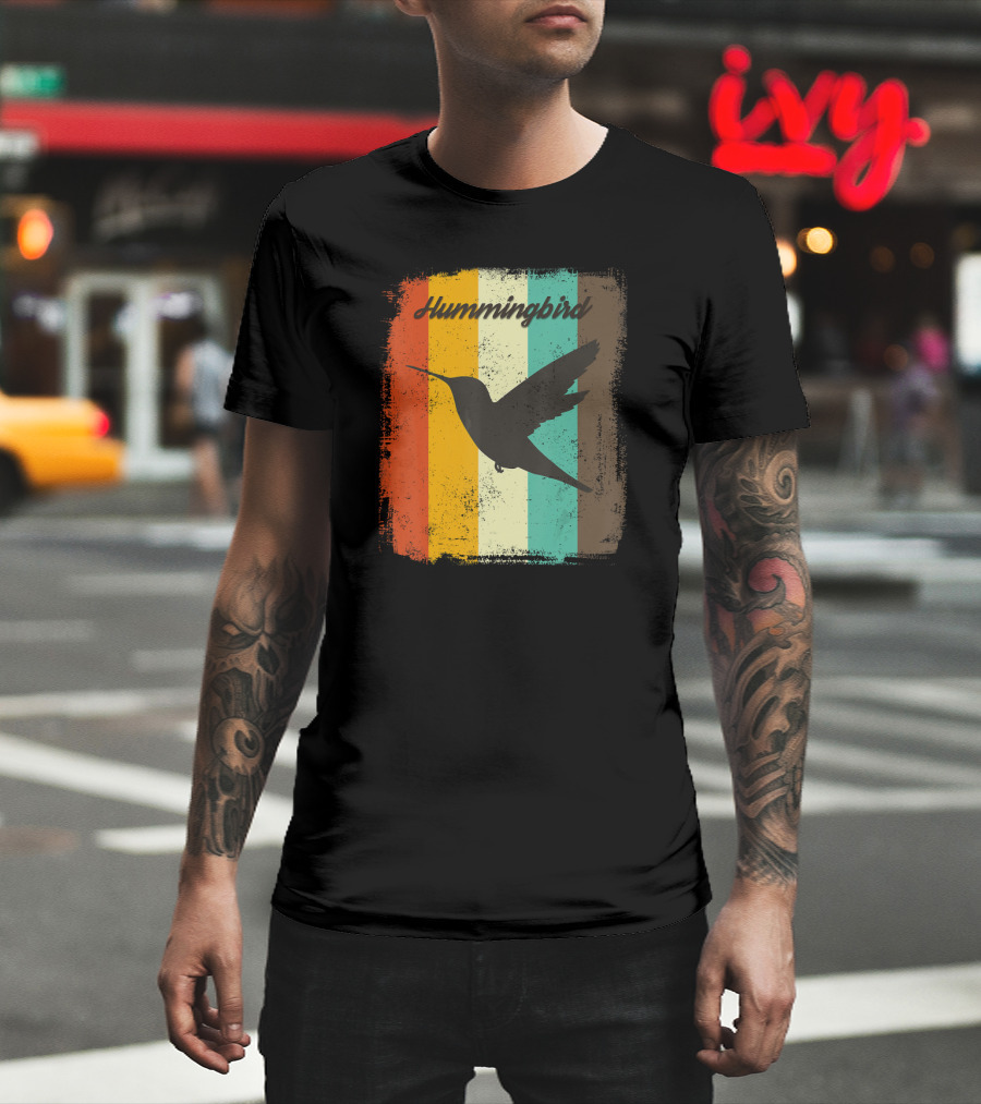 70s Vintage Hummingbird Silhouette Retro Stripes T-Shirt
