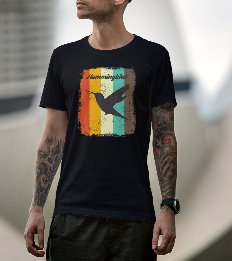 70s Vintage Hummingbird Silhouette Retro Stripes T-Shirt