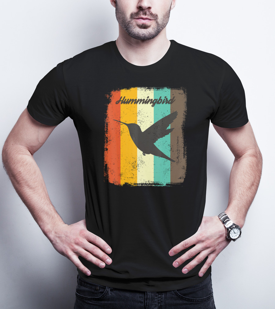 70s Vintage Hummingbird Silhouette Retro Stripes T-Shirt