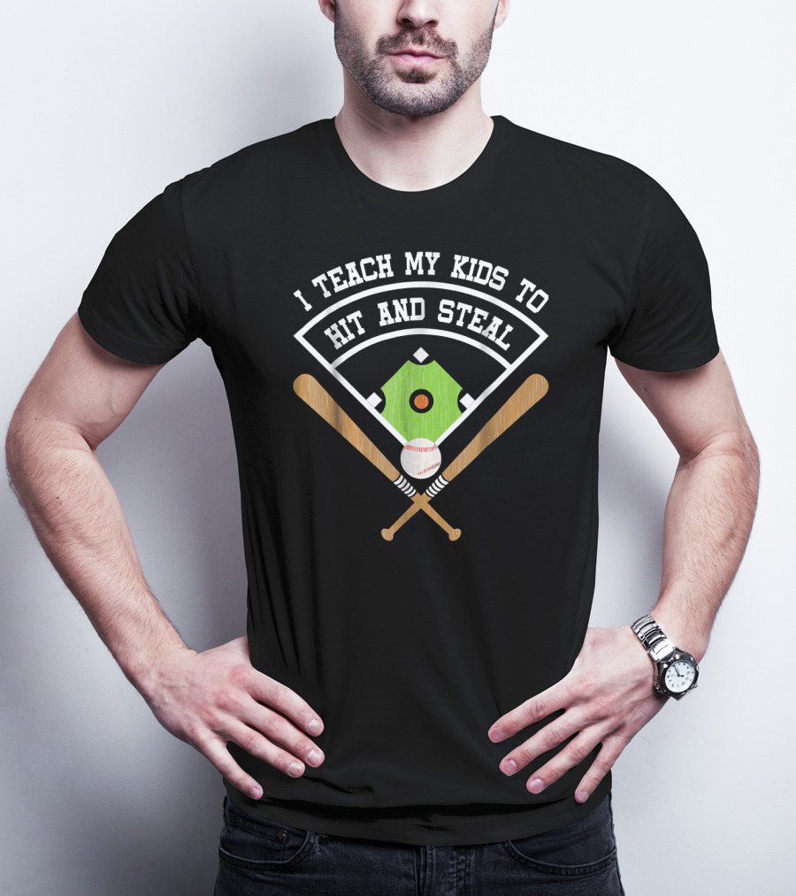 I Teach My Kids To Hit And Steal Baseball Diamond With Crossed Bats And Ball T-Shirt