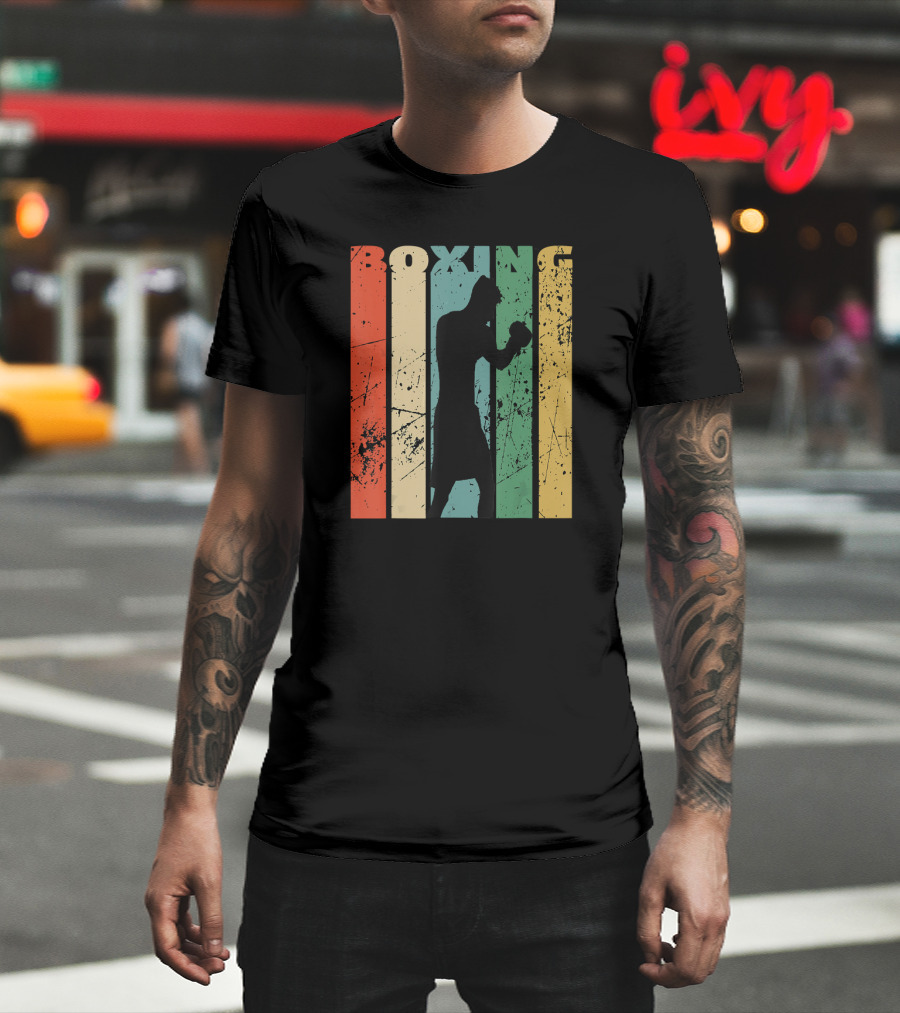 Boxing Vintage Distressed Silhouette Retro Stripes T-Shirt