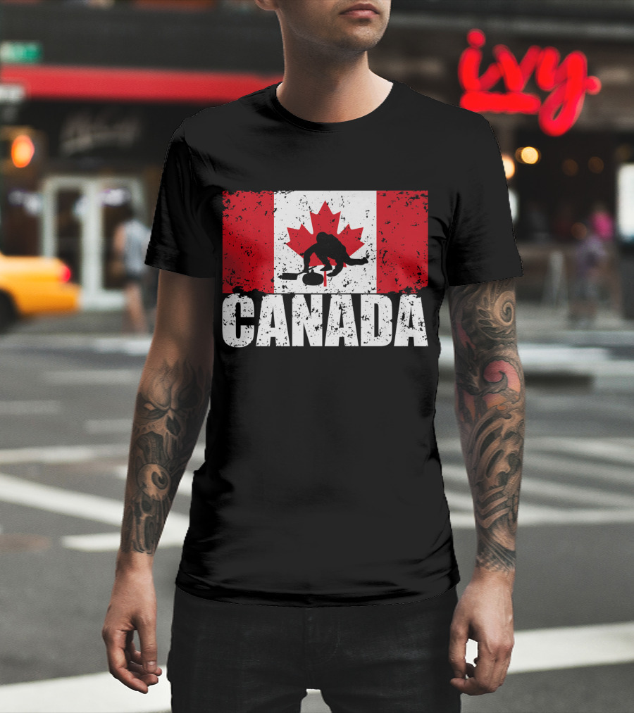 Canadian Flag Curling Silhouette Against Distressed Flag Design With Bold Canada Lettering T-Shirt